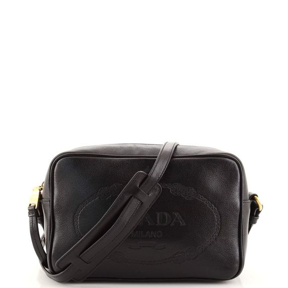 Prada | Bags | Prada Logo Camera Bag Embossed Leather Small Black ...